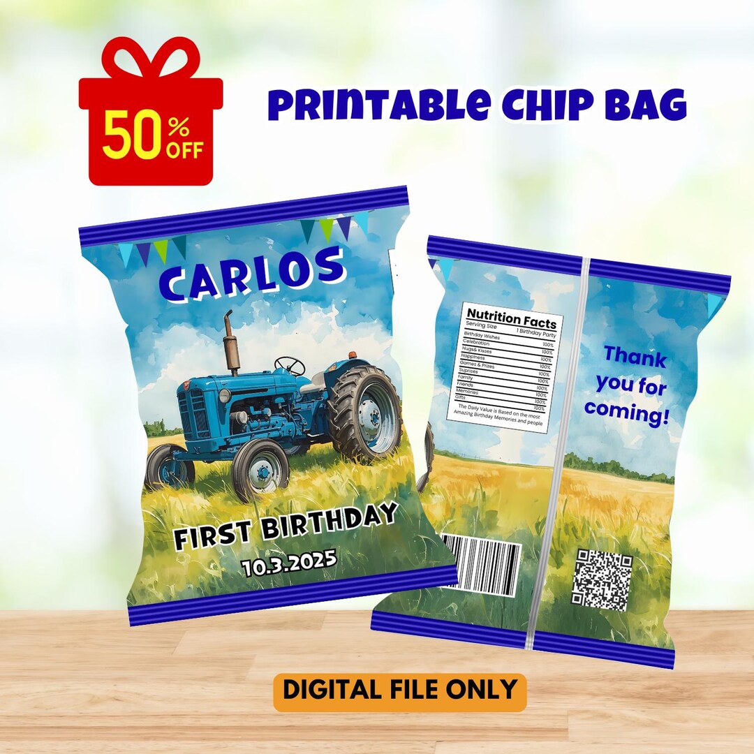 Tractor Birthday Chip Bag Template: Farm Party Favor (digital Download ...