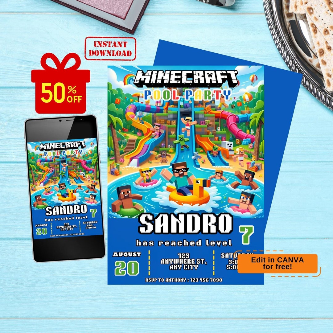 Minecraft Pool Party Birthday Invitation Minecrafter Birthday ...