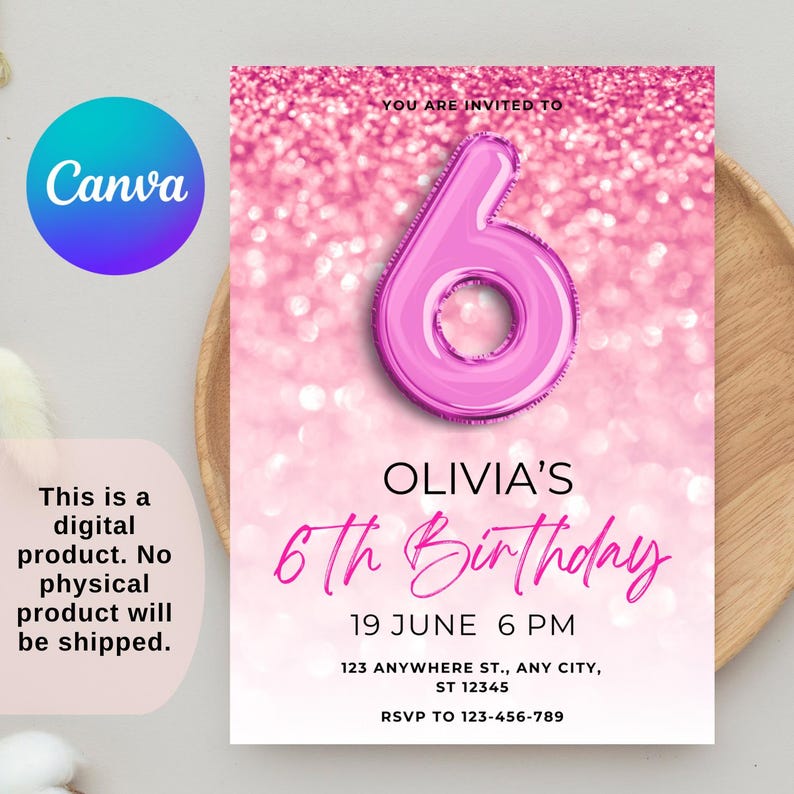 Editable Pink 6th Birthday Invitation Template Glitter Birthday Party ...