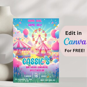 Pink Carnival Birthday Invitation, Circus Birthday Invitation, Carnival ...