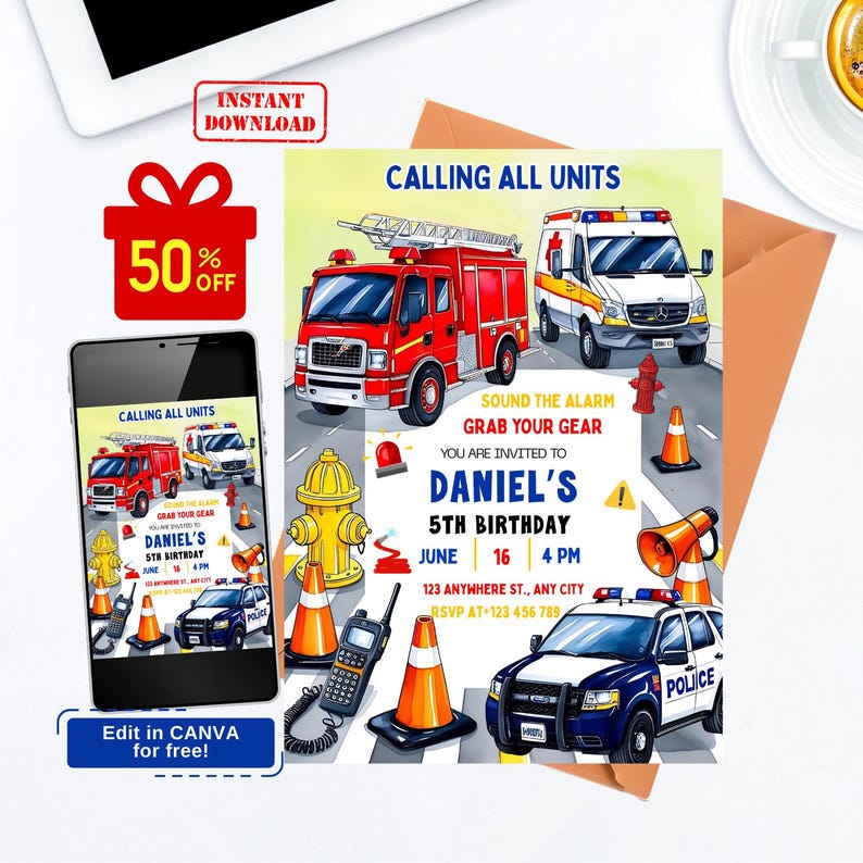 Emergency Vehicles Birthday Invitation, EDITABLE First Responders Party ...