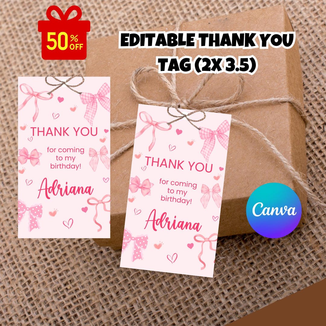Pink Bow Favor Tags, Pink Coquette Bow 1st Birthday Favor Tags, Pink ...