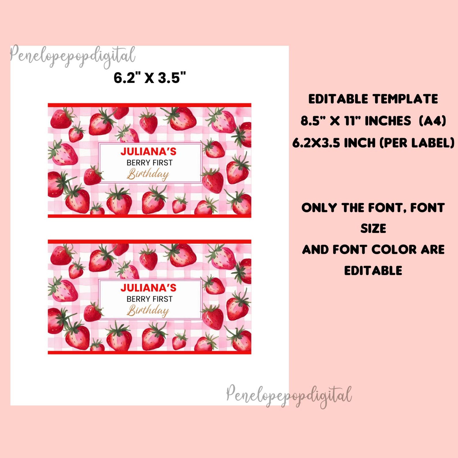 Editable Berry First Birthday Gable Box Labels, Strawberry Gable Box ...