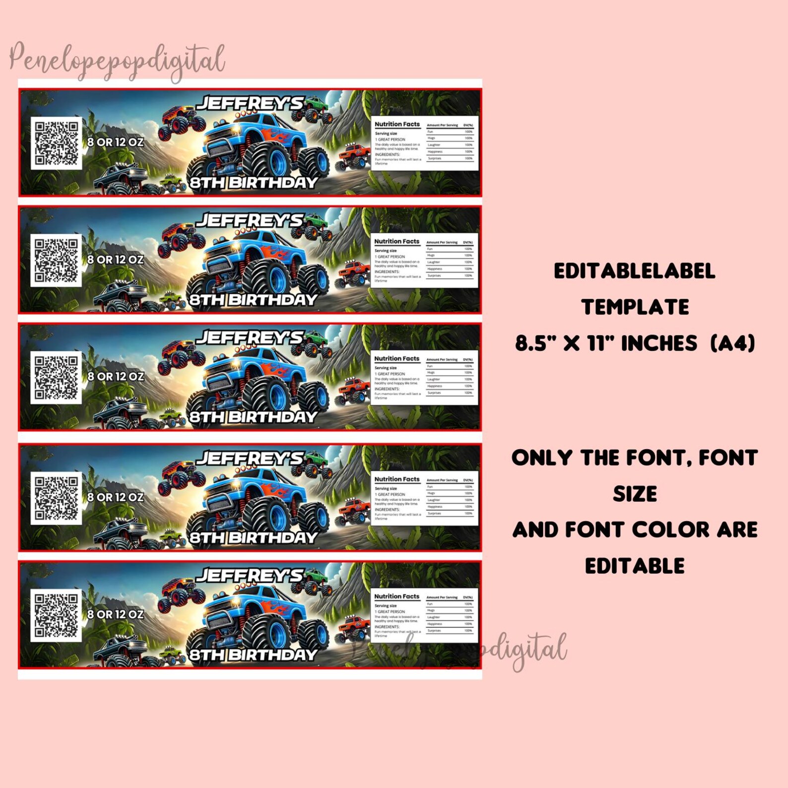 Editable Monster Truck Water Bottle Label, Monster Truck Label, Monster ...