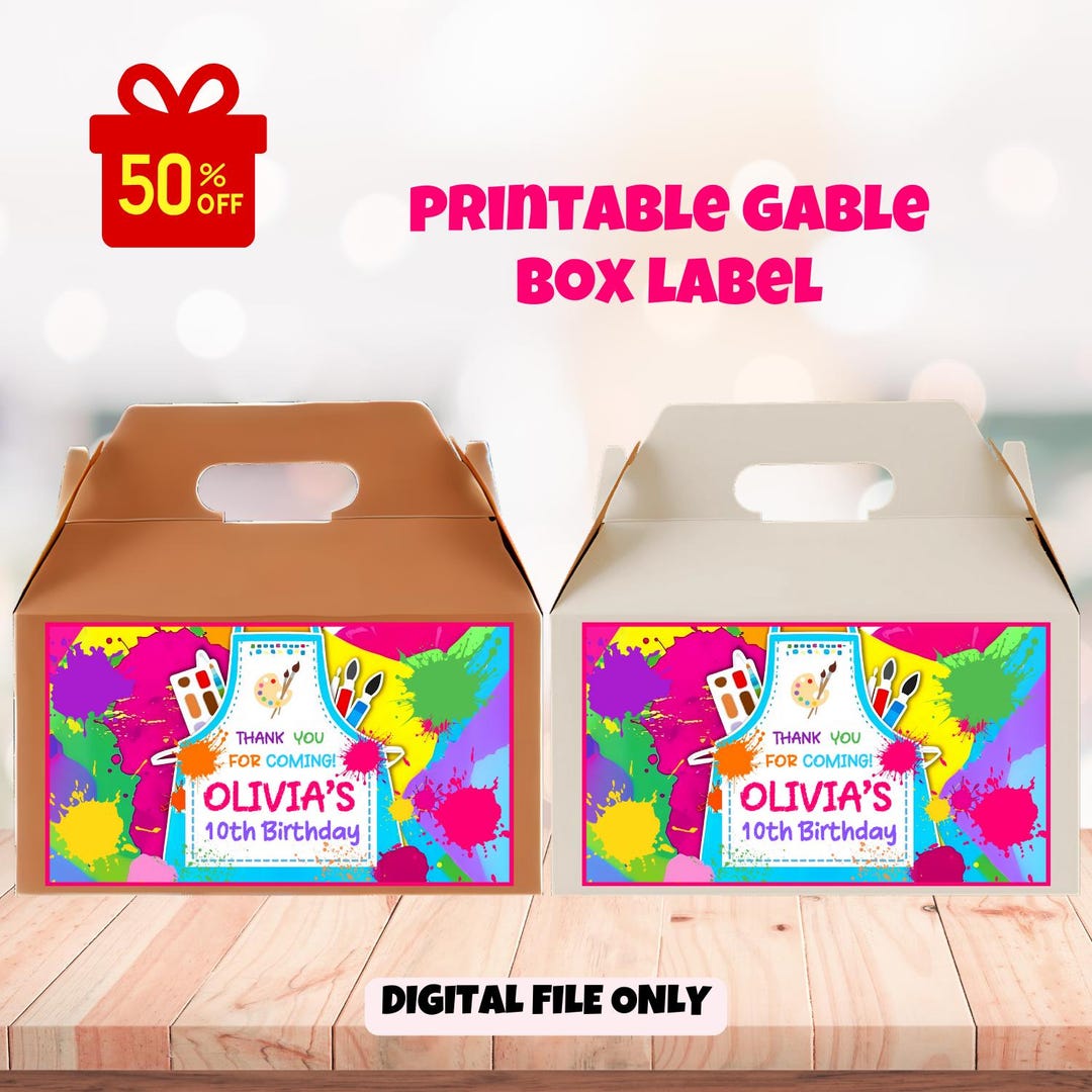 Editable Paint Art Party Birthday Gable Box Label Template. Printable ...