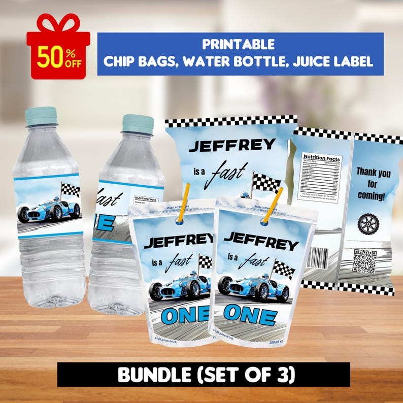 Editable Blue Race Car Party Bundle, Blue Race Car Chip Bag, Juice ...
