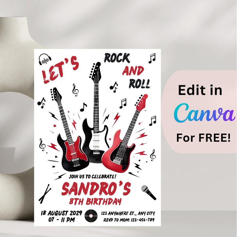 Rock and Roll Birthday Invitation, Rockstar Party Invitation, Guitar ...