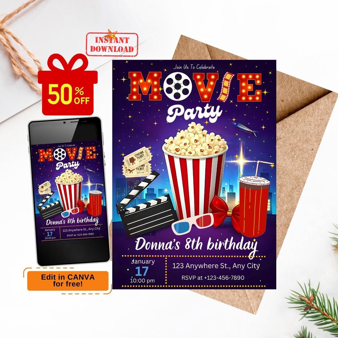 Movie Birthday Invitation, Cinema Birthday Invitation, Watch Party ...
