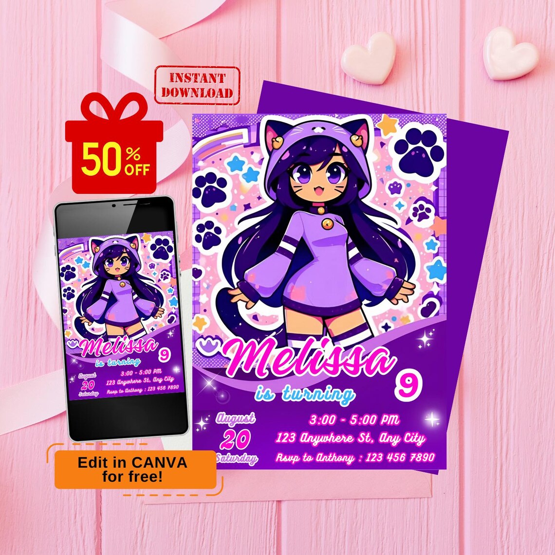 Aphmau Birthday Invitation Printable Catgirl Girl Invitation Canva ...