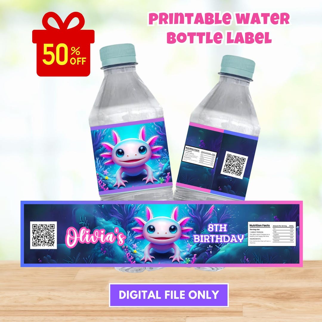 Editable Axolotl Water Bottle Label, Pink Girl Axolotl, Axolotl Party ...