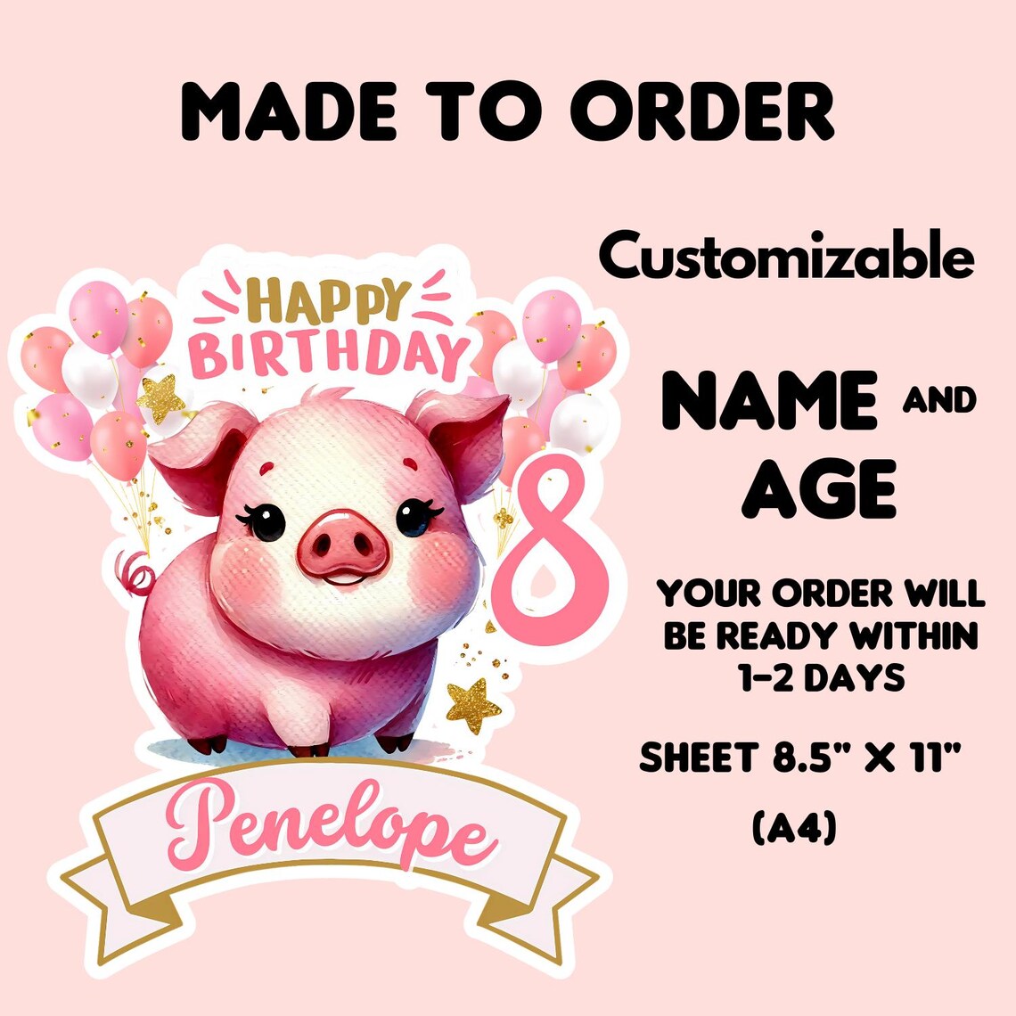 Personalized Cute Pig Cake Topper, Printable Pink Girl Pig Cake ...