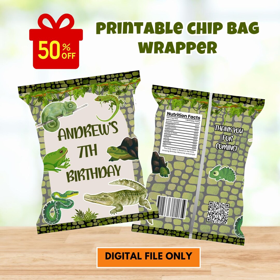 Editable Reptile Birthday Chip Bag Wrapper: Canva Template (digital ...