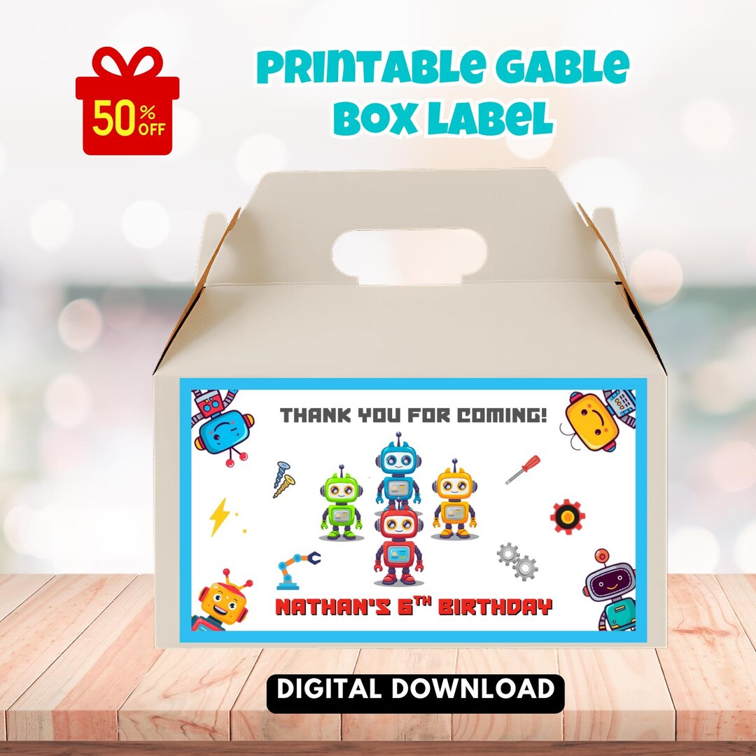 Robot Birthday Party Gable Box Label, Robotics Treat Box Label, Robot ...