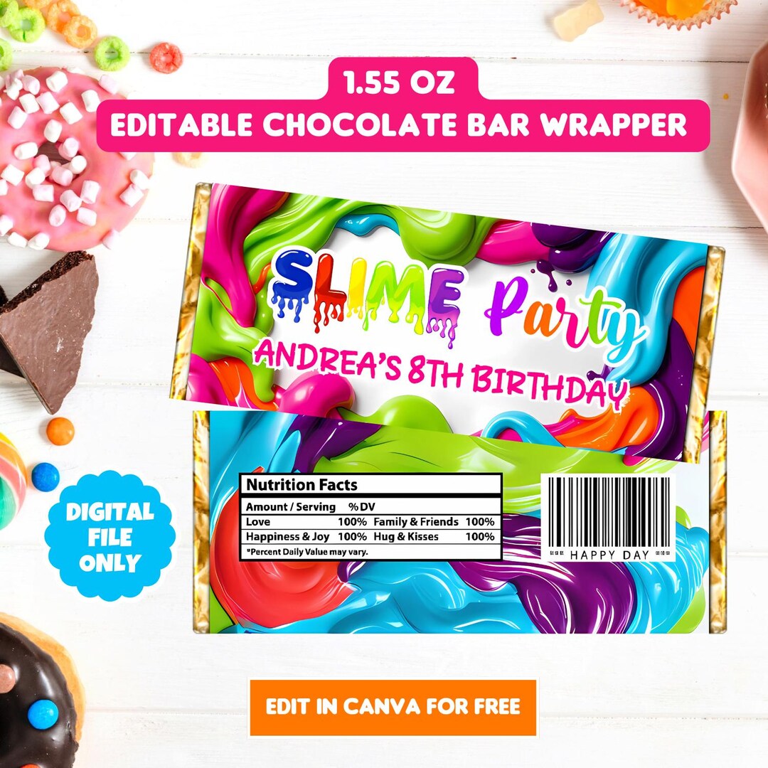 Slime Chocolate Wrappers, Birthday Party Printables, Slime Party ...