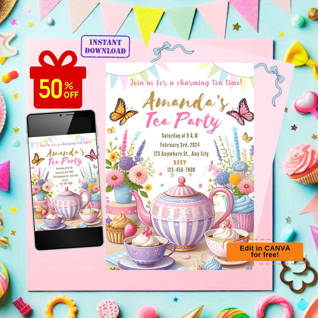 Tea Party Invitation, Editable Tea Party Invitation, Digital Tea Party ...