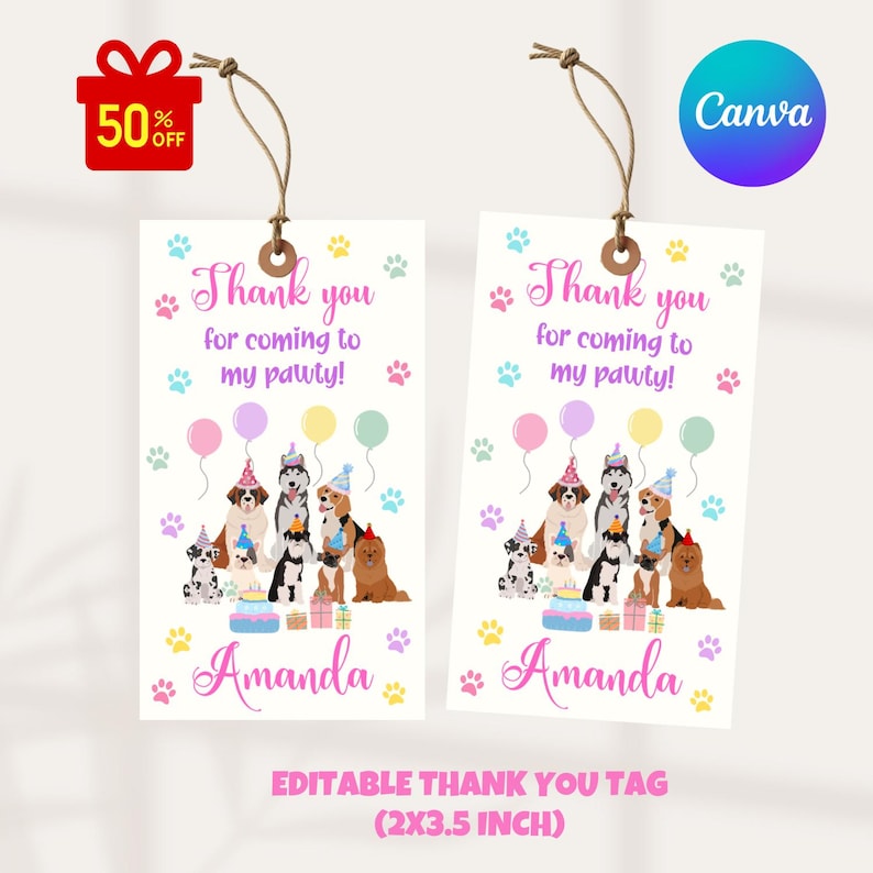 Editable Dog Birthday Thank You Tags, Puppy Pawty Favor Labels (digital ...