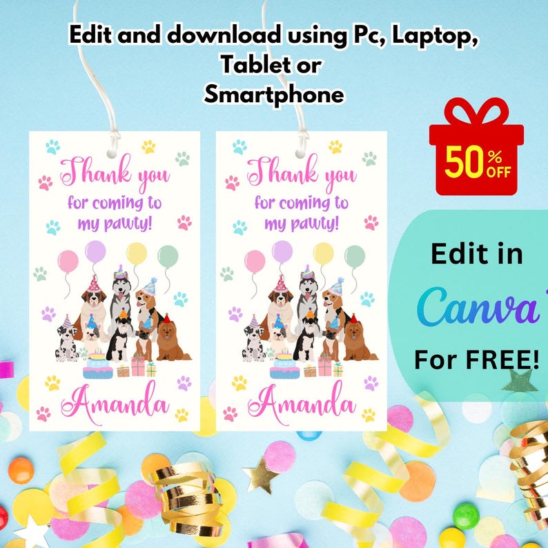 Editable Dog Birthday Thank You Tags, Puppy Pawty Favor Labels (digital ...