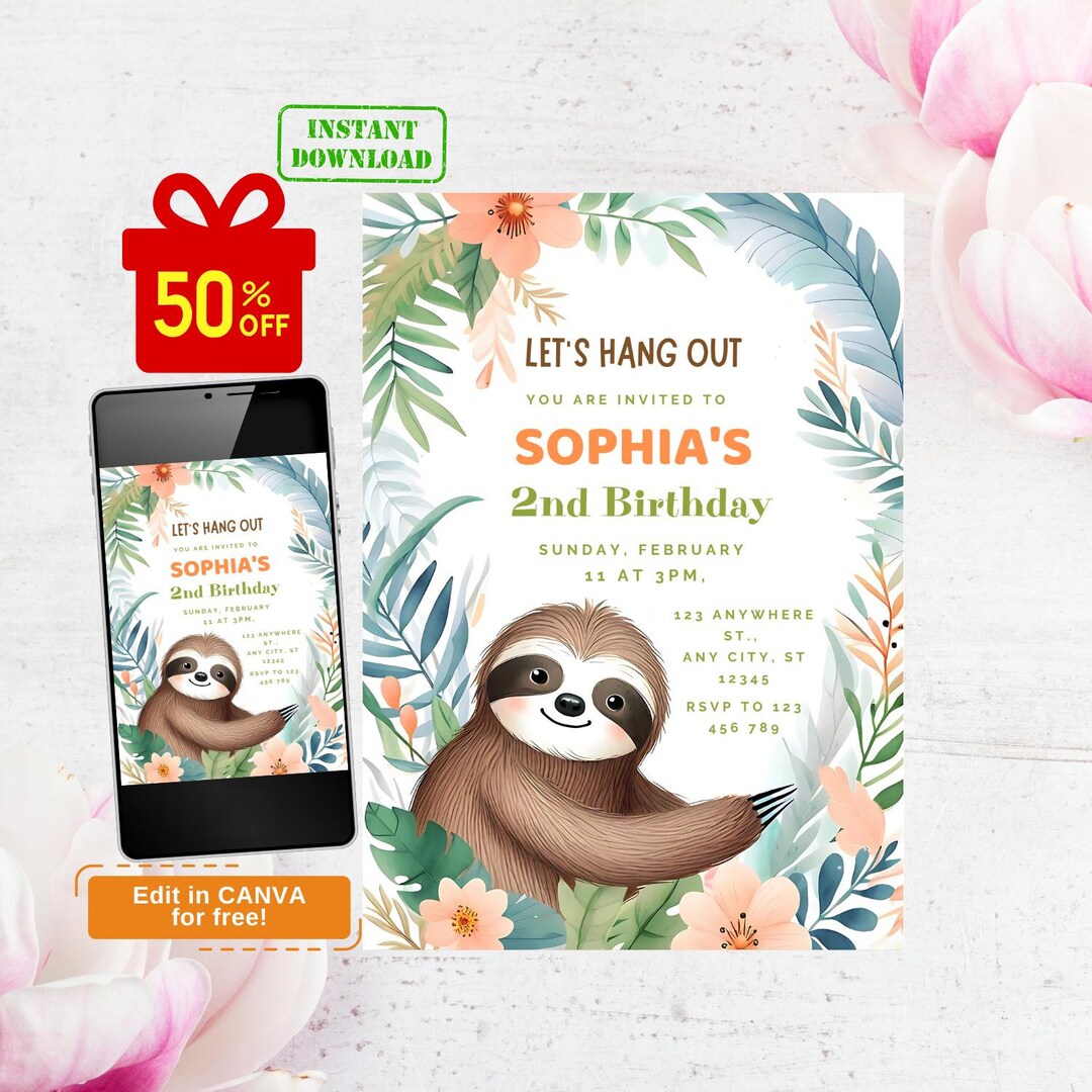 Sloth Birthday Invitation, Sloth Invitation, Sloth Party Invite, Sloth ...