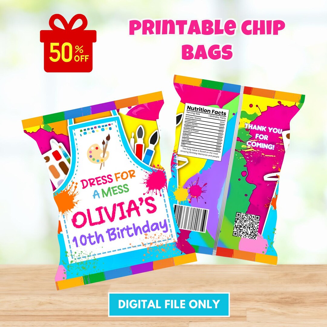 Editable Art Paint Party Chip Bag Template, Paint Party Birthday, Craft ...