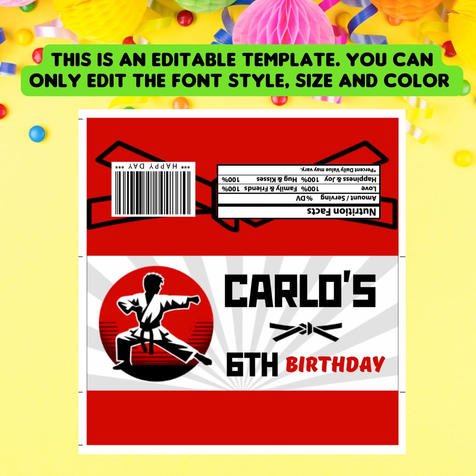 Editable Karate Birthday Party Candy Bar Wrappers Martial Arts Birthday ...
