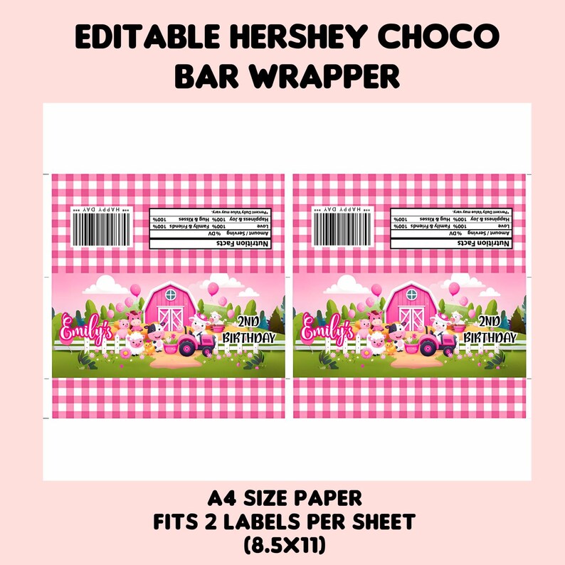 Editable Farm Birthday Party Chocolate Wrapper, Farm Party Candy Bar ...