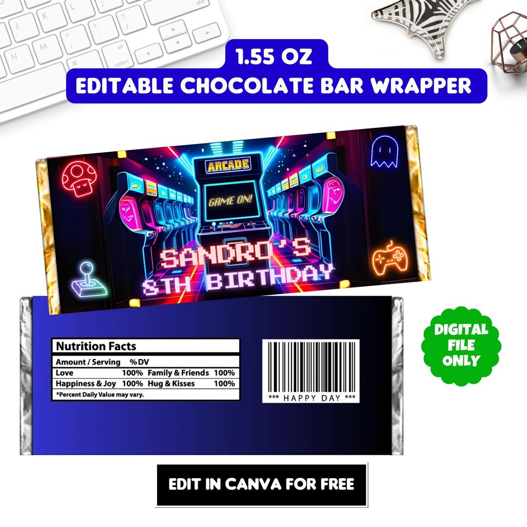 Editable Arcade Birthday Chocolate Wrapper, Gamer Candy Bar Wrapper ...