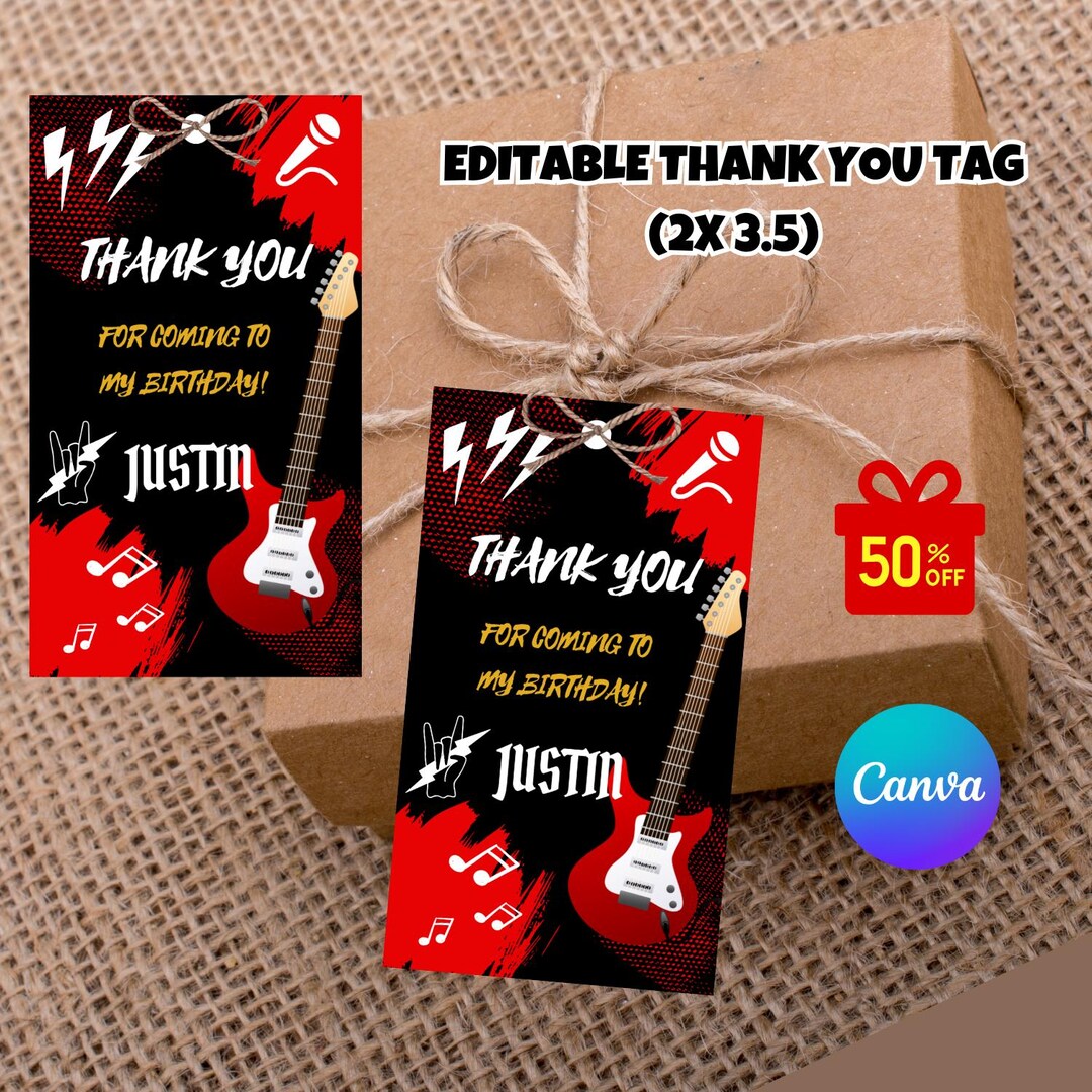 Editable Pink Rock and Roll Favor Thank You Tag | Digital Thank You Tag ...