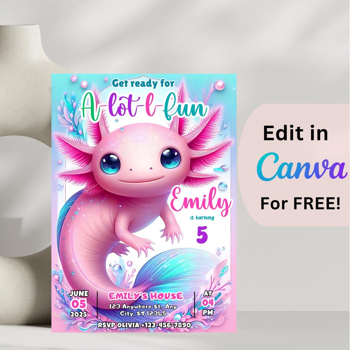 Axolotl Birthday Invitation Pastel for Girl Editable Pink Axolotls ...