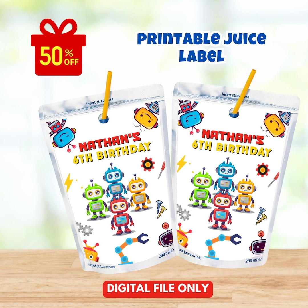 Robot Birthday Party Juice Pouch Label , Robotics Capri Sun Label ...