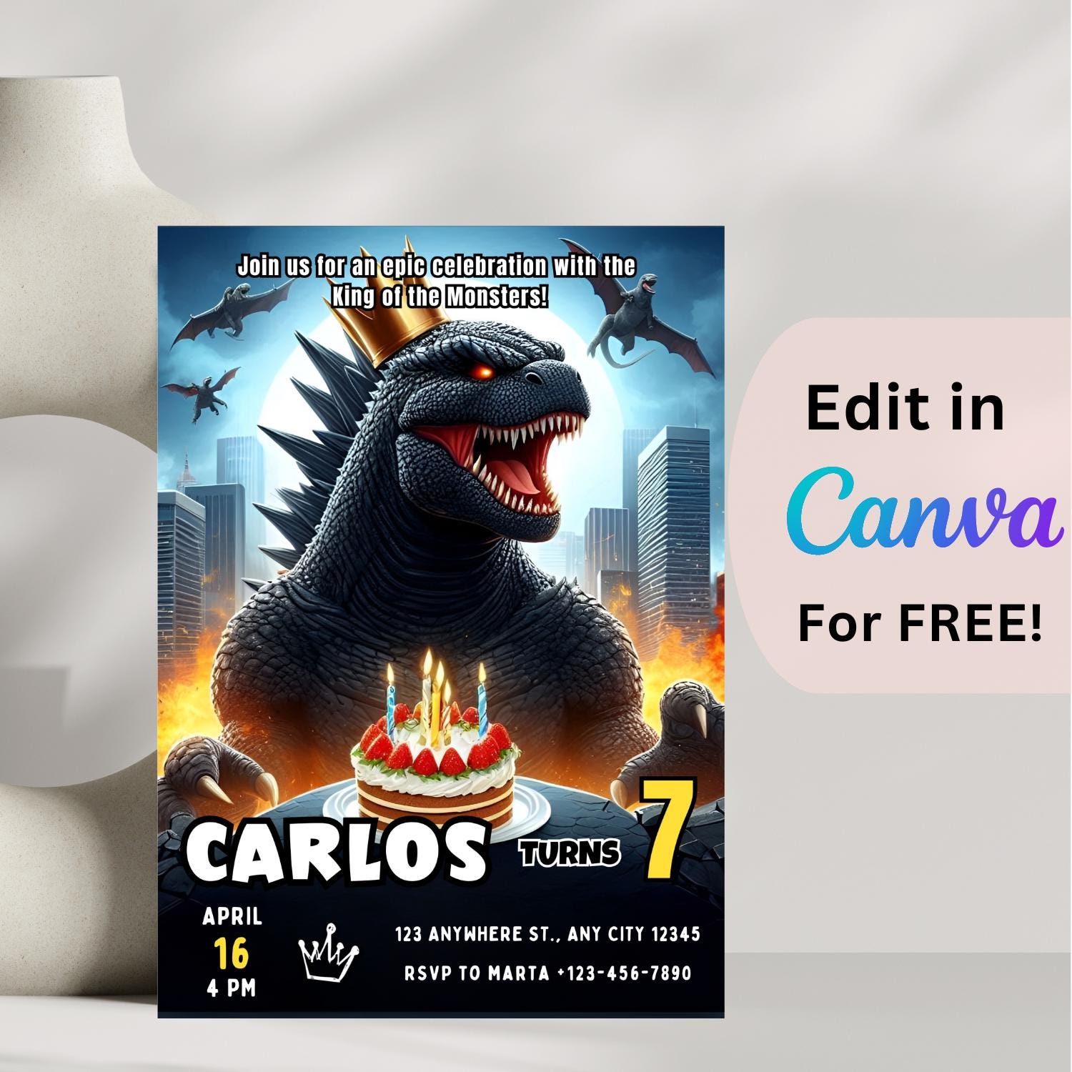 Godzilla Invitation, Godzilla Birthday Invitation, Godzilla Printable ...