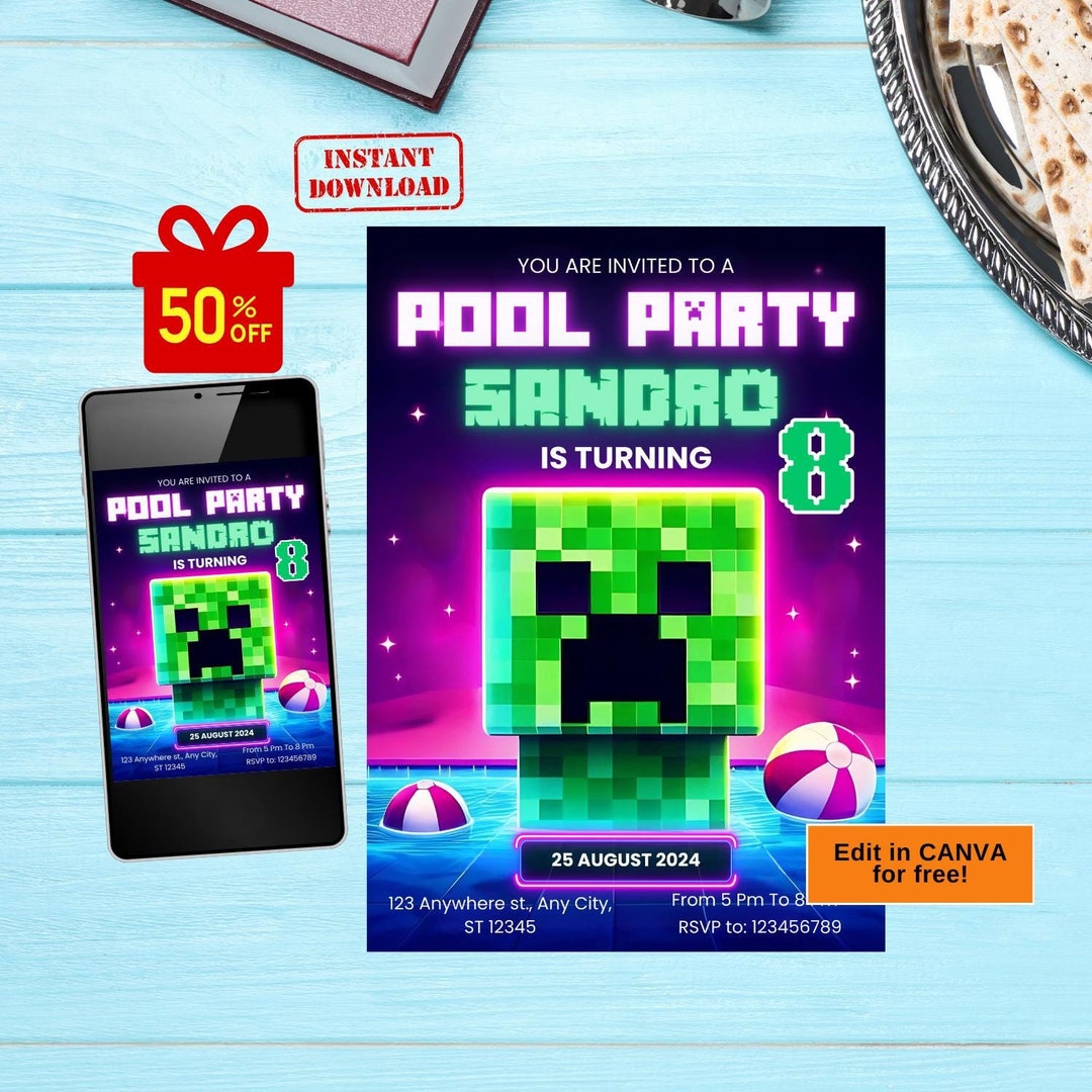 Minecrafter Pool Party Birthday Invitation, Minecrafter Birthday ...