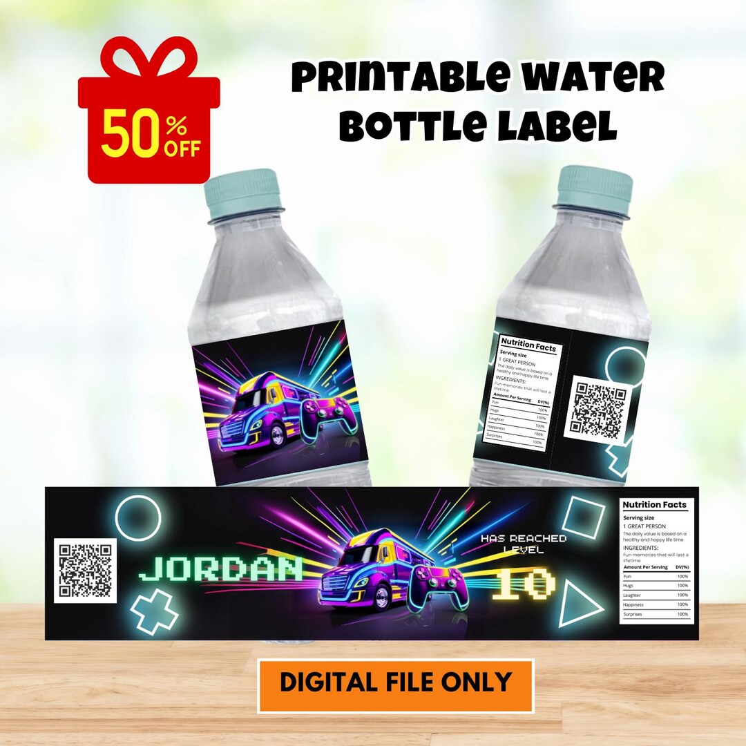 Editable Video Game Truck Water Bottle Labels, Video Game Label, Gamer ...