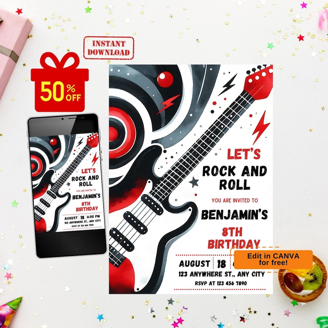 Rock and Roll Birthday Invitation Template, Editable Guitar Invite ...