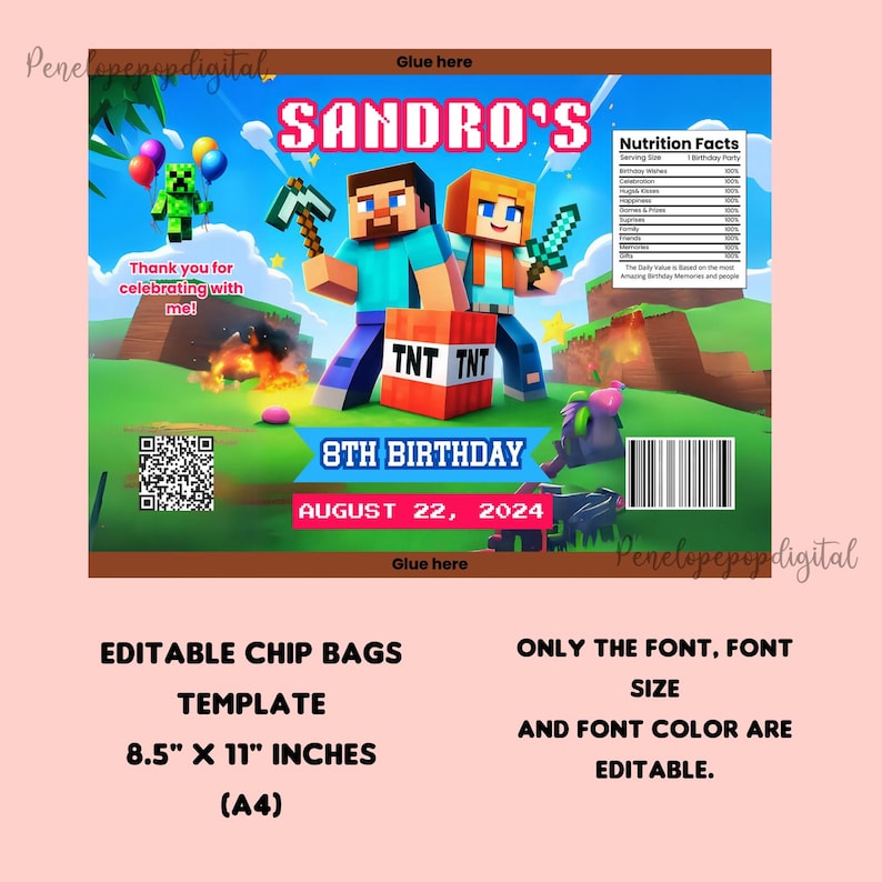 Editable Minecrafter Chip Bags Template, Chip Bags Template, Party ...