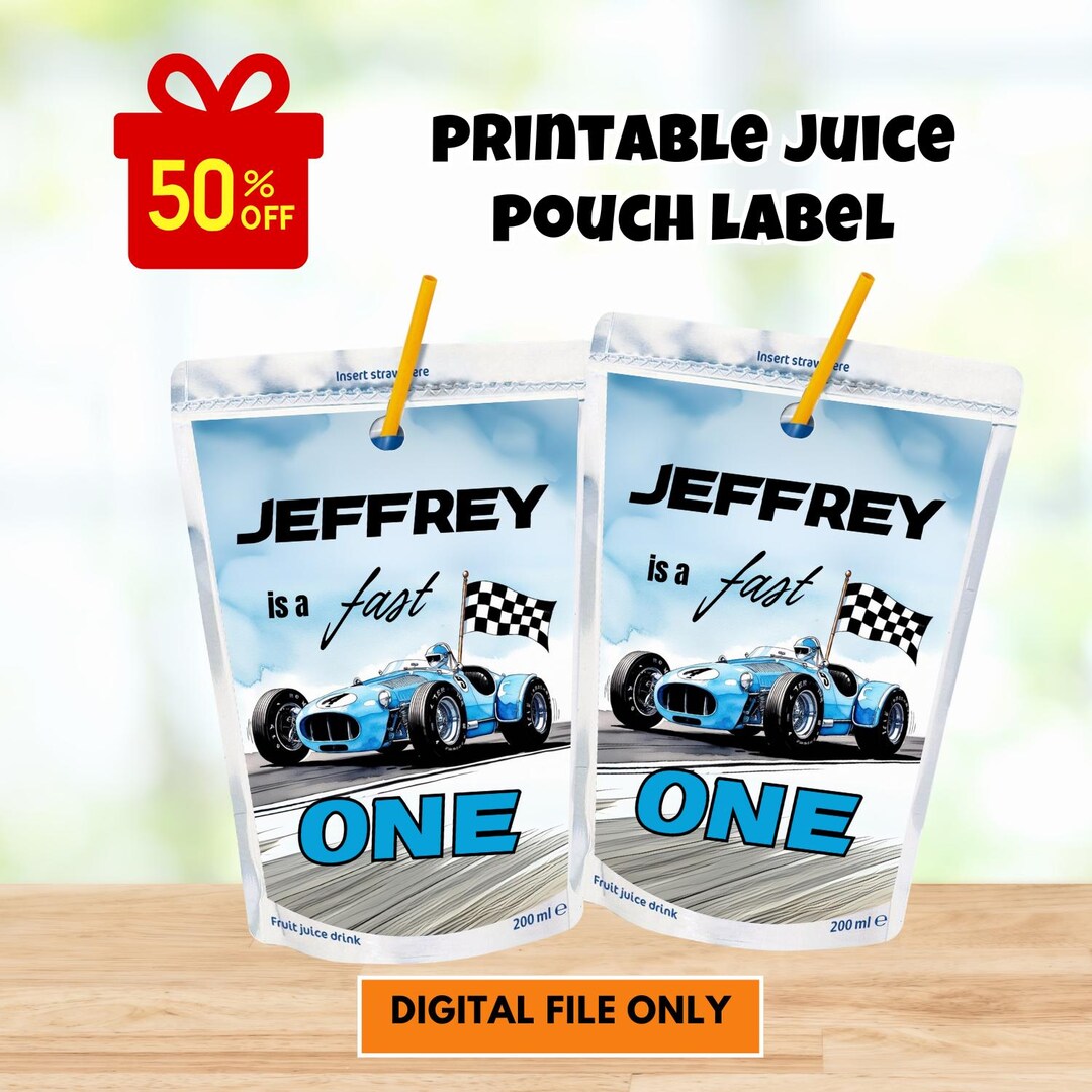 Blue Race Car Party Personalized Juice Pouch Labels, Juice Label ...