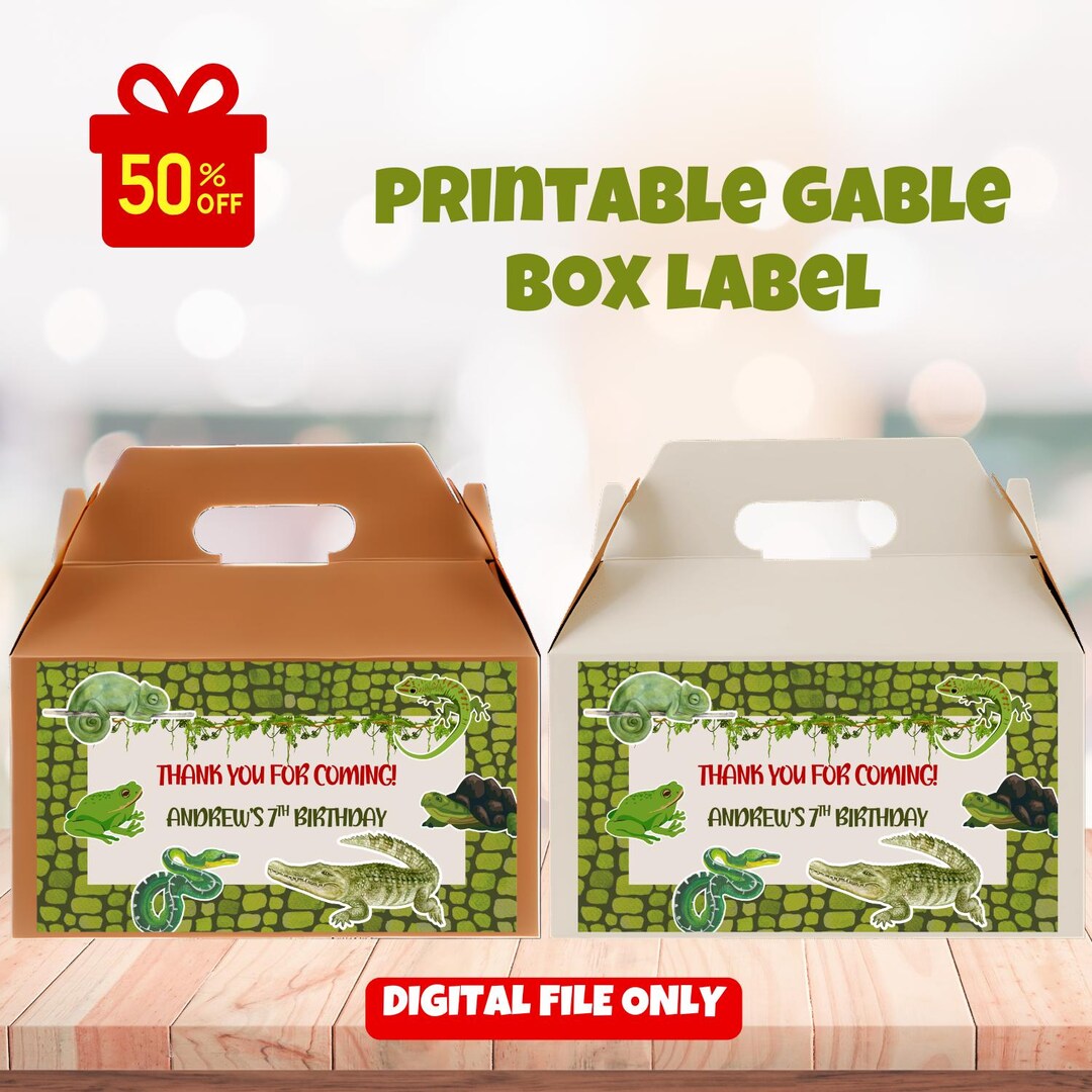 EDITABLE Reptile Gable Box Label Boy, Lizard Birthday Favors Box ...