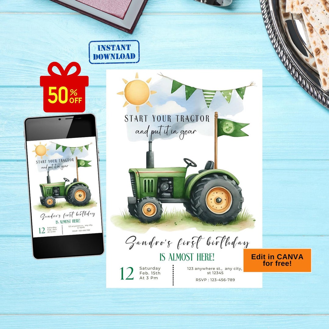 Tractor Birthday Invitation, Tractor Invitation, Editable Green Tractor ...