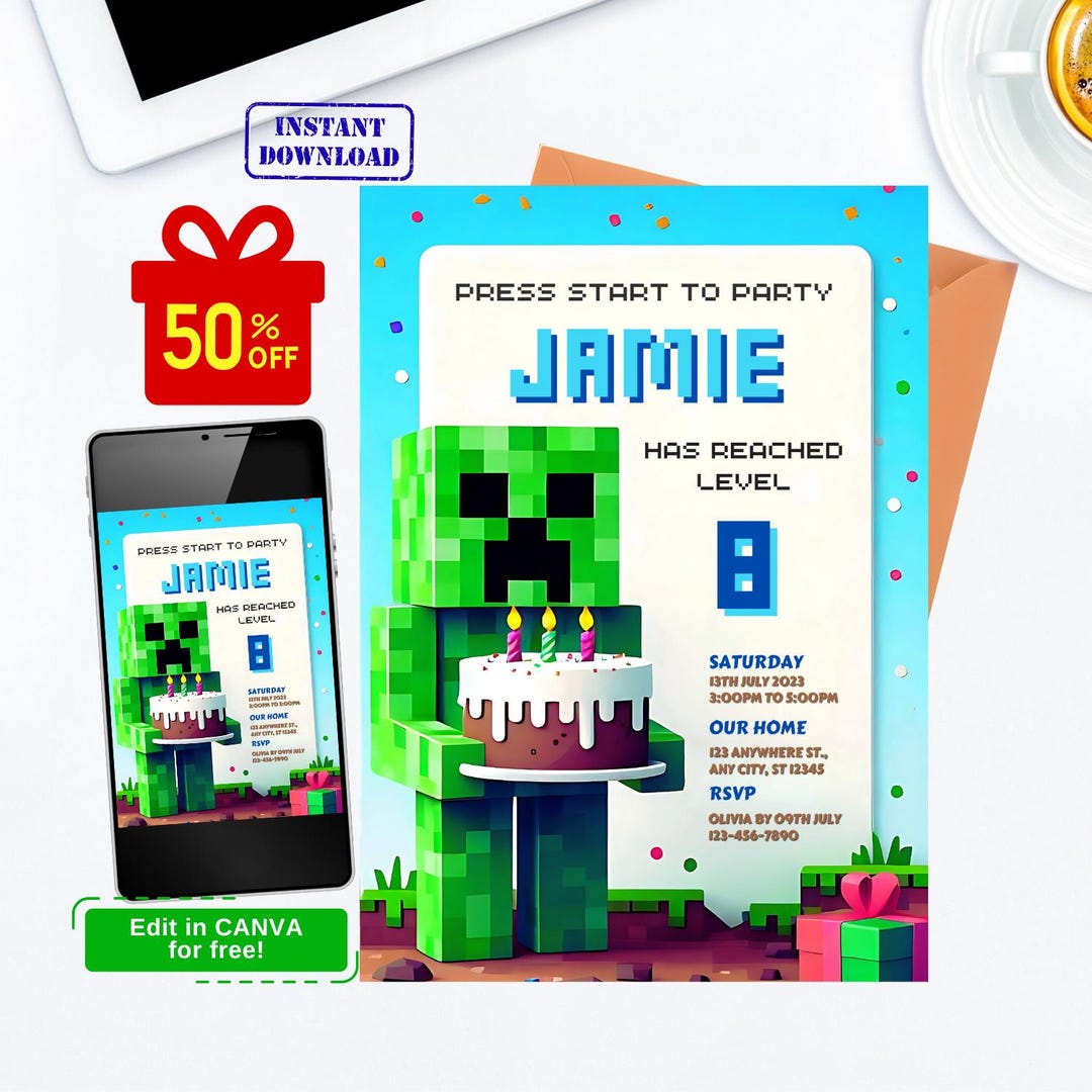 Minecrafter Creeper Birthday Invitation, Creeper Invitation ...