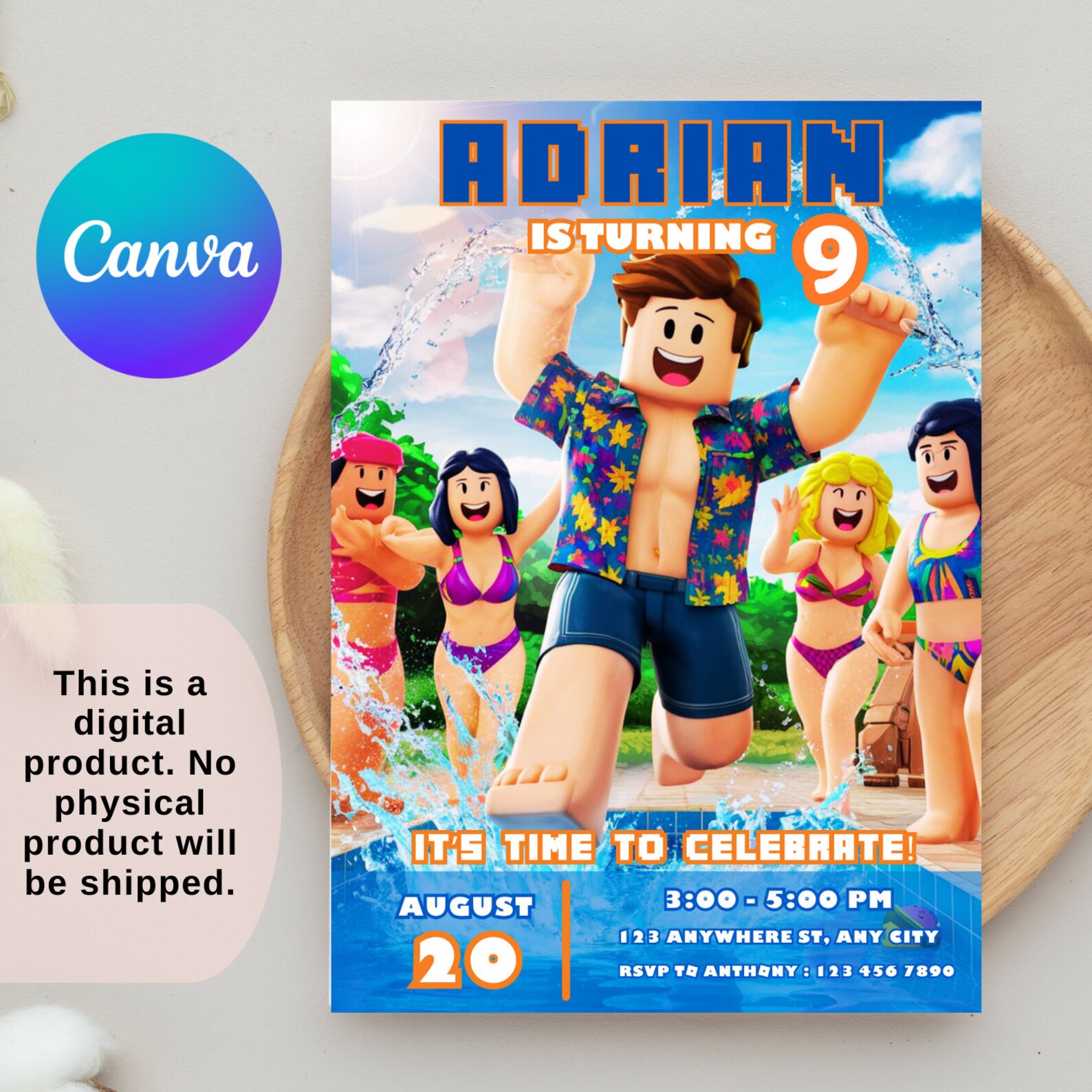 Roblox Boys Birthday Pool Party Invitation Roblox Themed Invite Kids ...