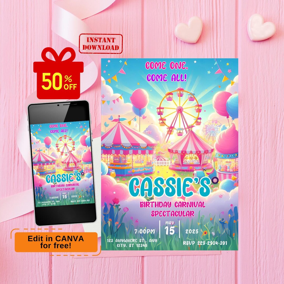 Pink Carnival Birthday Invitation, Circus Birthday Invitation, Carnival ...