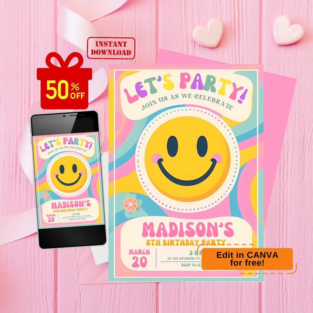 Smiley Face Invitation, Smiley Face Birthday Invitation, Smiley Face ...