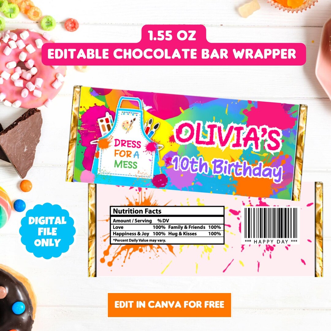 Editable Art Party Chocolate Bar Labels, Candy Bar Wrapper Paint Party ...