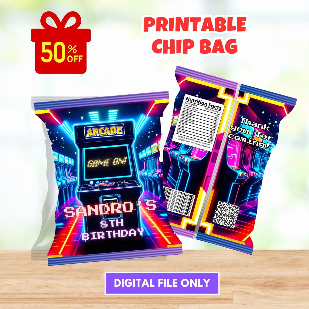 Editable Arcade Birthday Party Chip Bag Wrapper, Gamer Chip Bag Wrapper ...