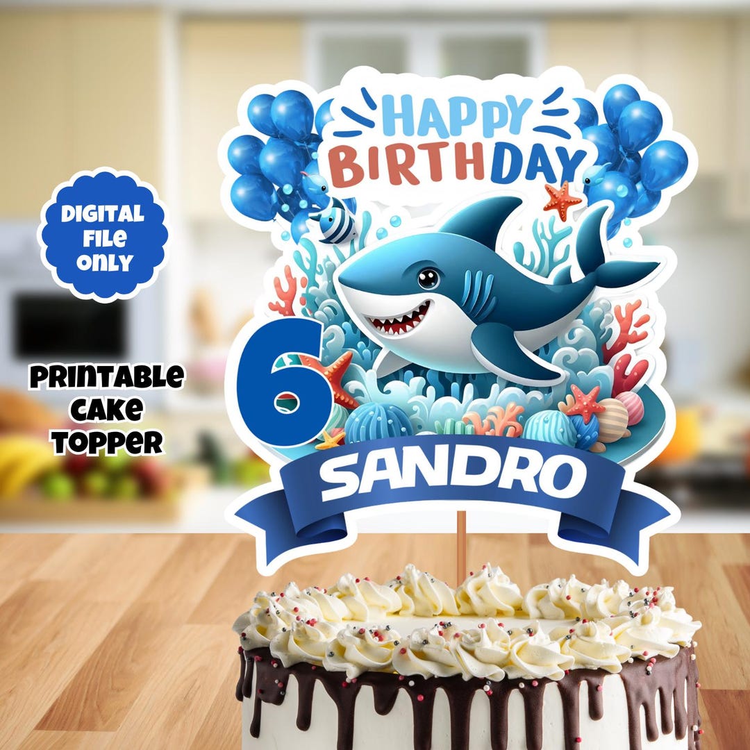 Shark Cake Topper, Printable Birthday Party Shark Cake Topper, Shark ...