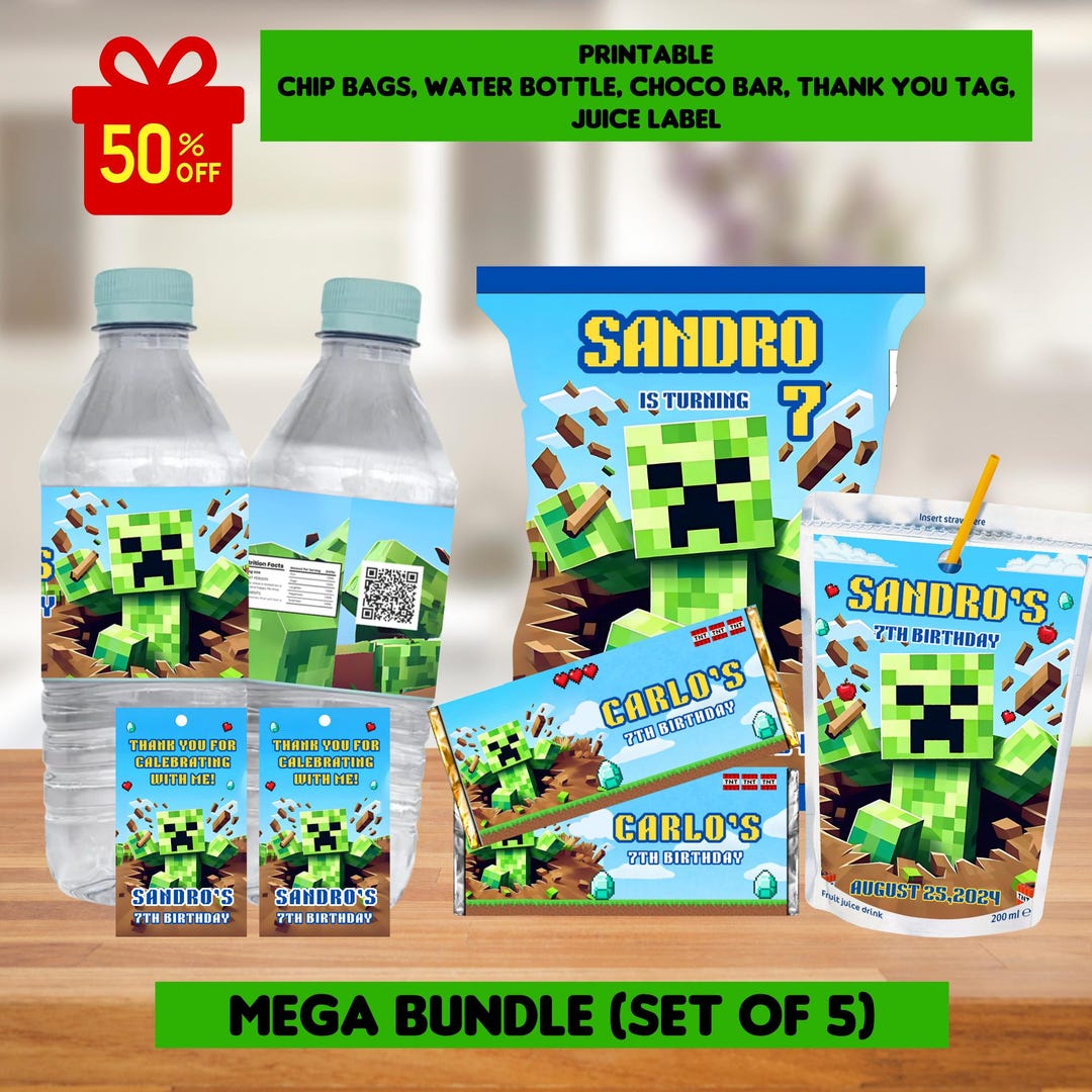 Minecrafter Party Bundle Minecrafter Chip Bags Water Bottle Label ...