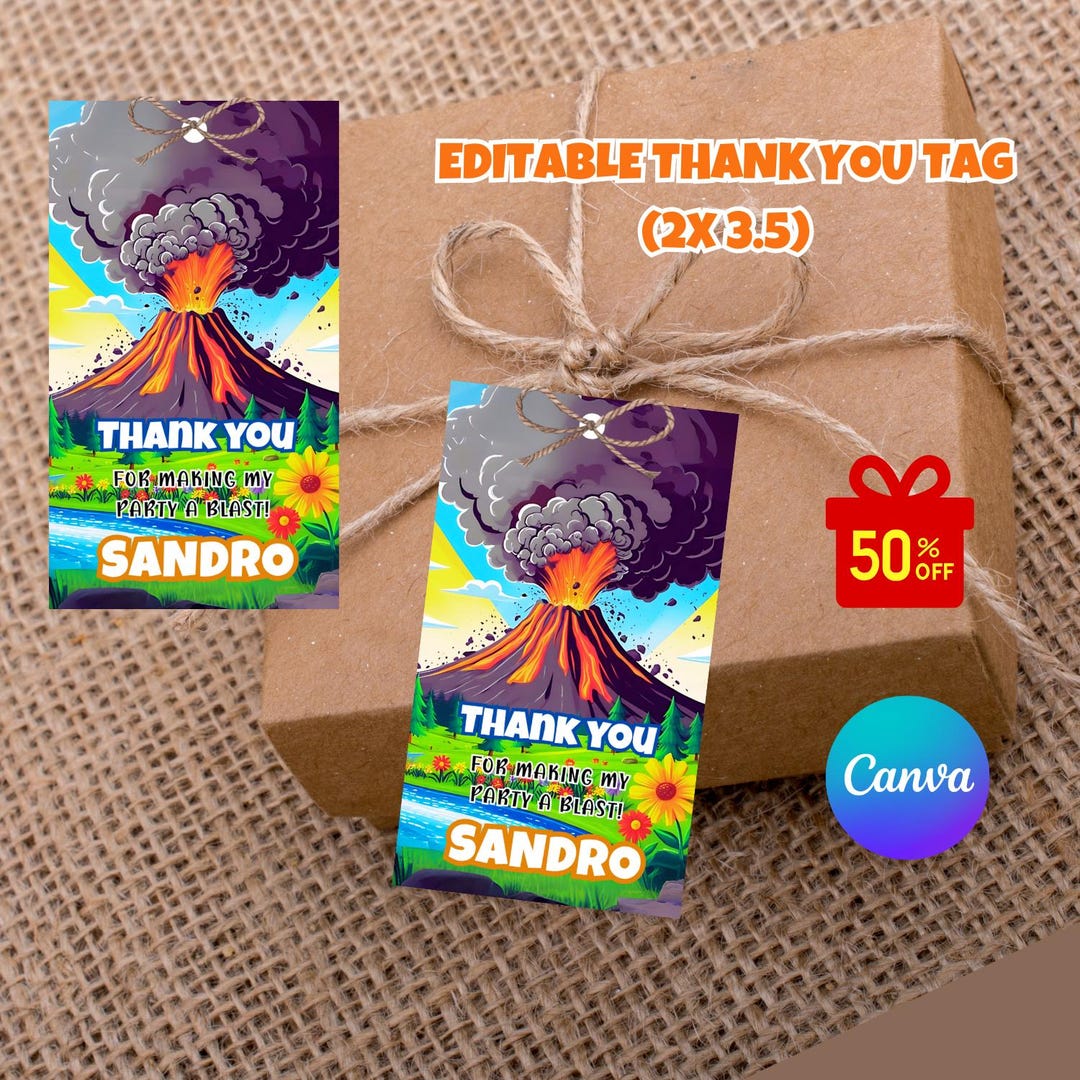 Editable Volcano Thank You Tag Template, Party Label, Volcanic Eruption ...
