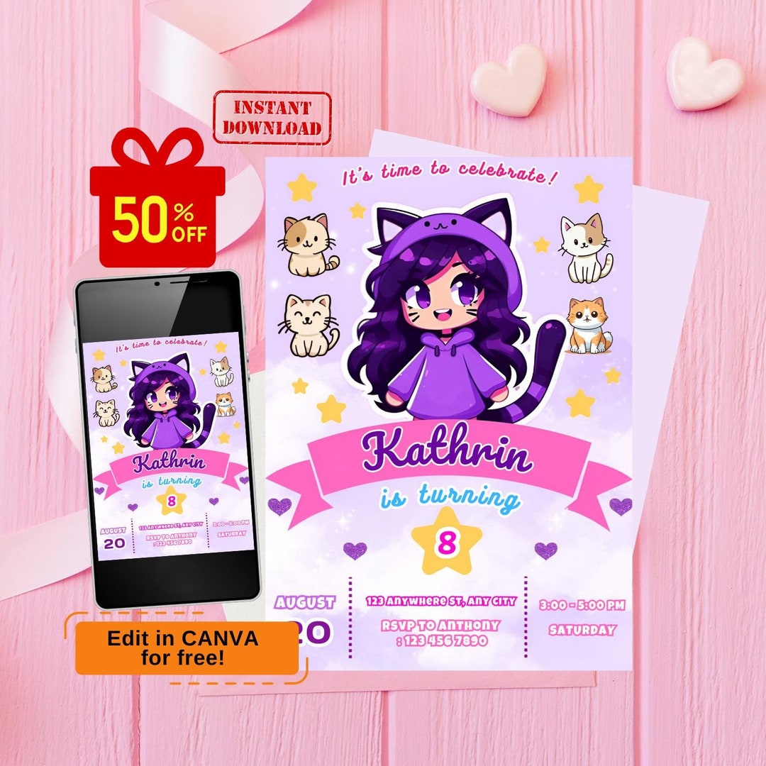 Aphmau Birthday Invitation, Printable Unicorn Girl Invitation Canva ...