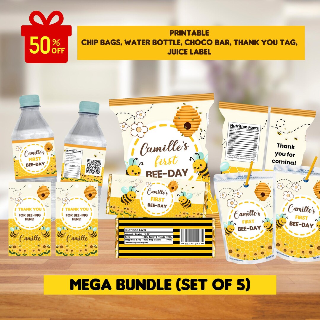 Editable Bee Birthday Bundle, Honey Bee One Birthday Pack, Party Bundle ...