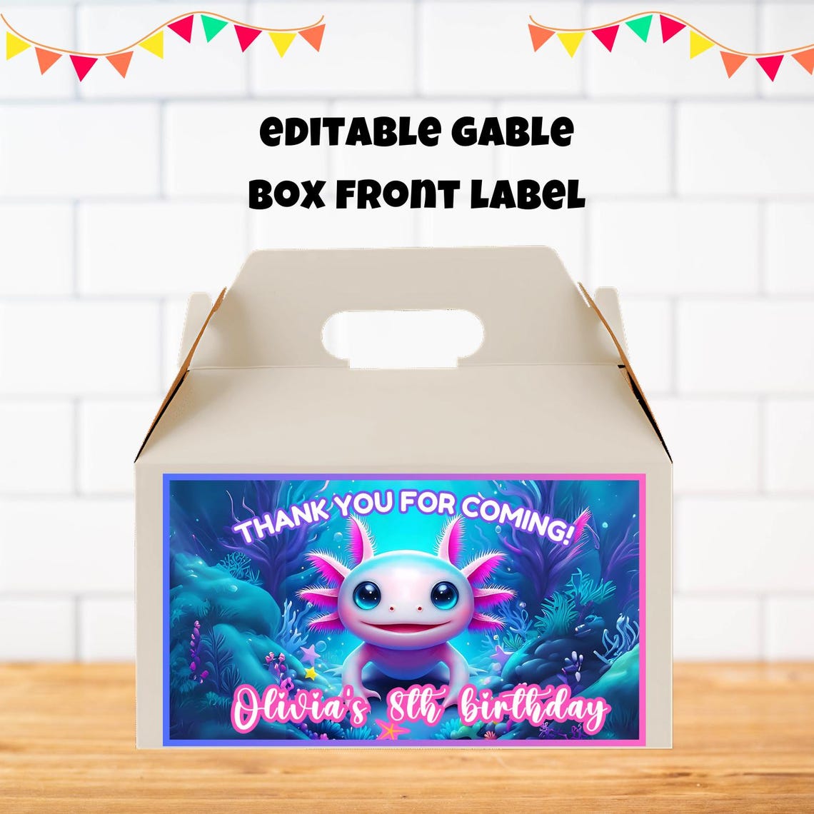 Axolotl Favor Box Label Printable Editable | Girls Axolotl Birthday ...
