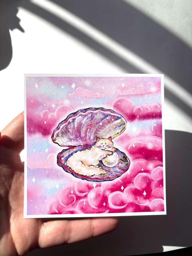 Dreamcore Cat Art Print: Celestial Kitty in Clamshell, Pink Cloud ...